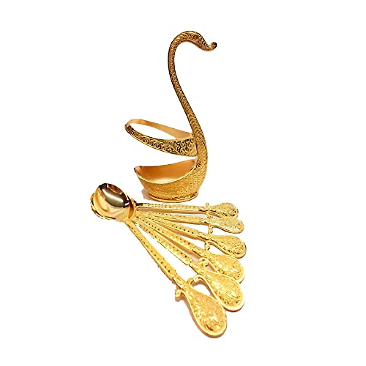 German Gold Plated 1 PC S Swan Duck With 6 Pcs Tea Spoon Set For Home And Kitchen Decorative Swan Base Holder Spoons for Coffee, Fruit,Dessert,Stirring, Mixing Sugar, By ORNATE INTERNATIONAL.