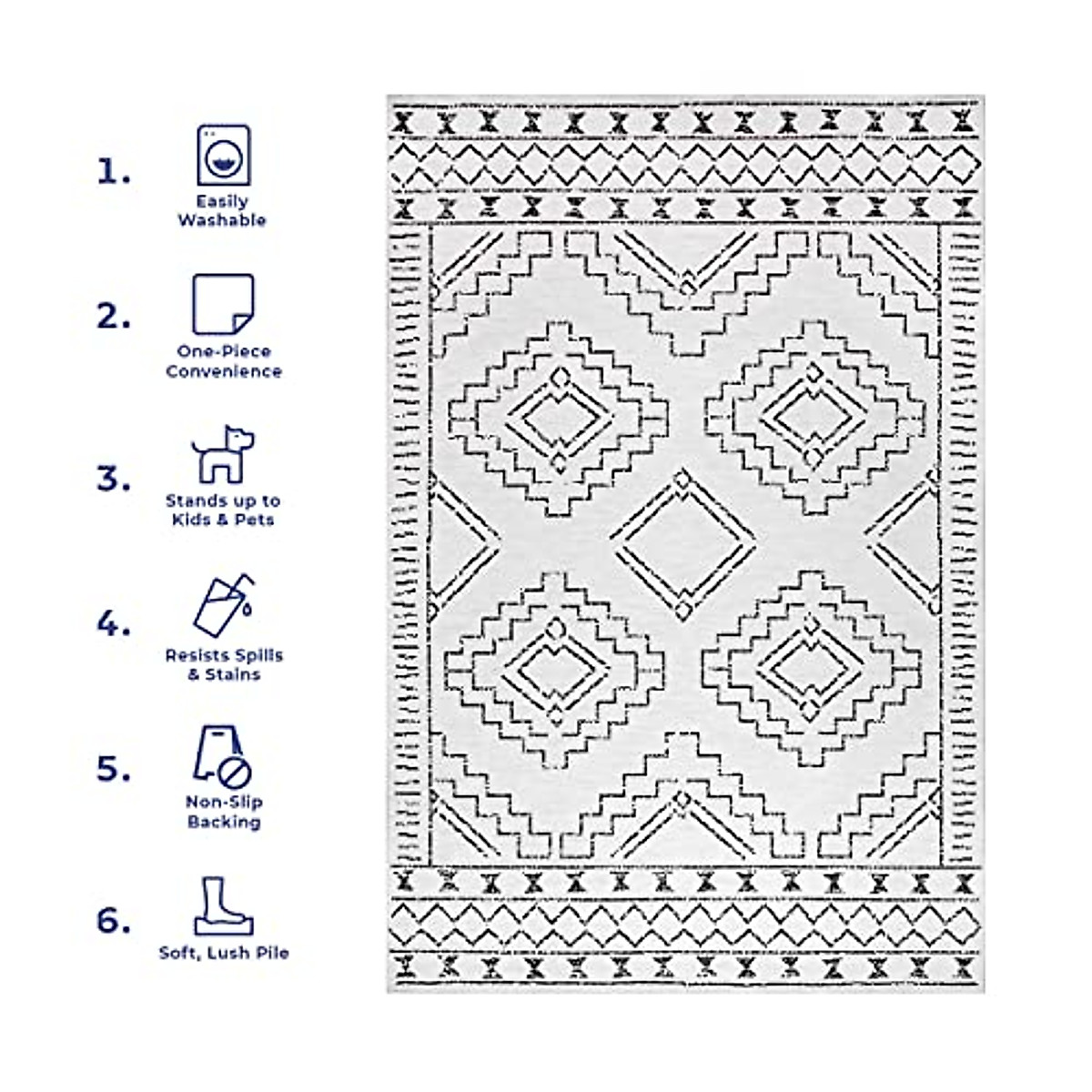 nuLOOM Noa Machine Washable Tribal Moroccan Ultra Thin Area Rug, 8x10, White