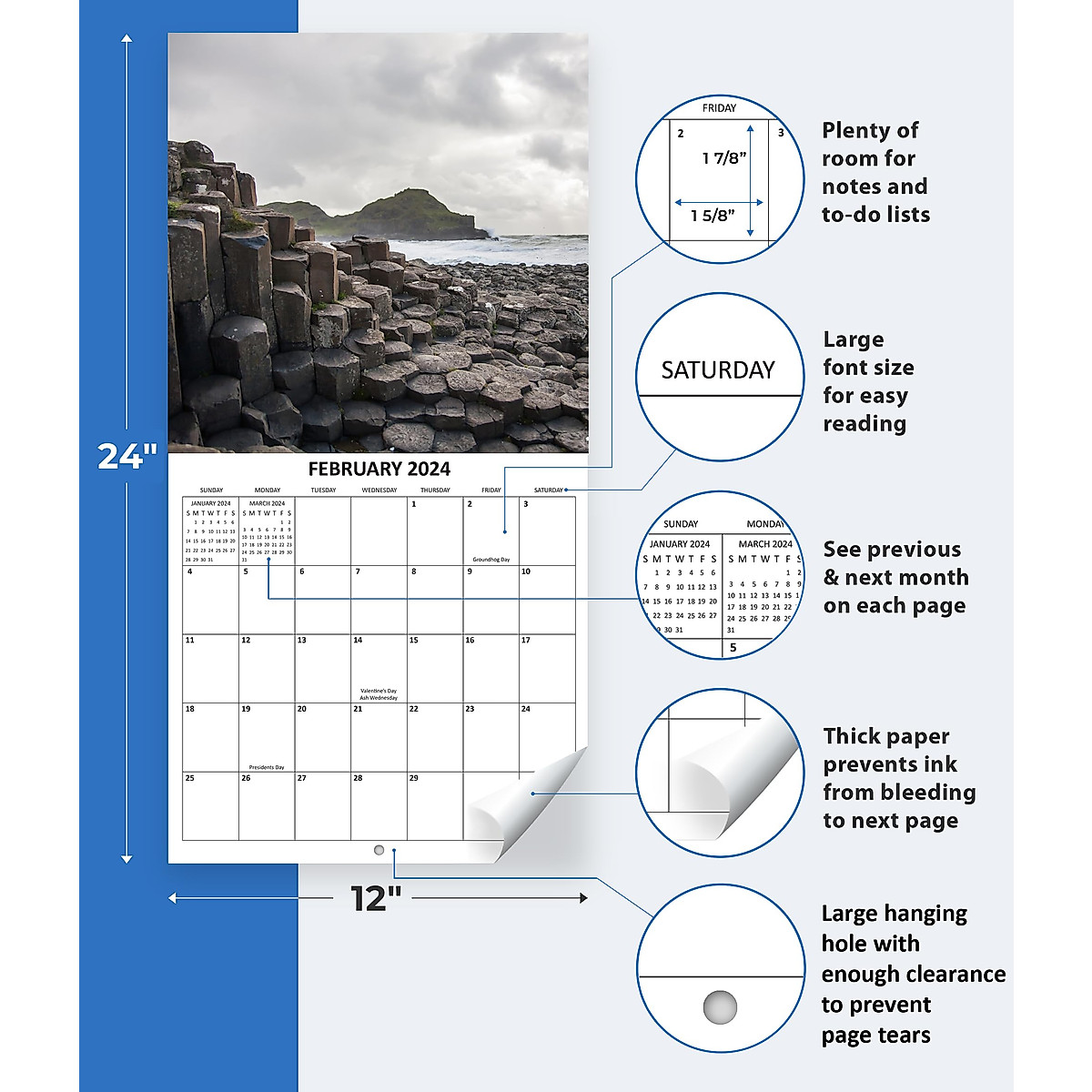 2024 Beaches Monthly Wall Calendar | 12" x 24" | Thick Sturdy Paper | Nature Landscapes Calendar 2024