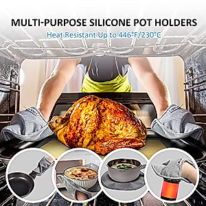 Easy Wear & Off, KooMall Silicone Pot Holders Set, Multi-Purpose Hot Pads for Kitchen, Trivets Potholders Oven Mitts for Baking Cooking Hot Dishes Pans, Anti-slip Lining & Both Sides Heat Safety, Gray