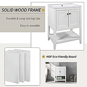 Merax 24 Inch Bathroom Vanity with Ceramic Sink Set Combo, Cabinet with Drawer and Doors, Solid Wood Frame with Painted Finish, Modern Style, White
