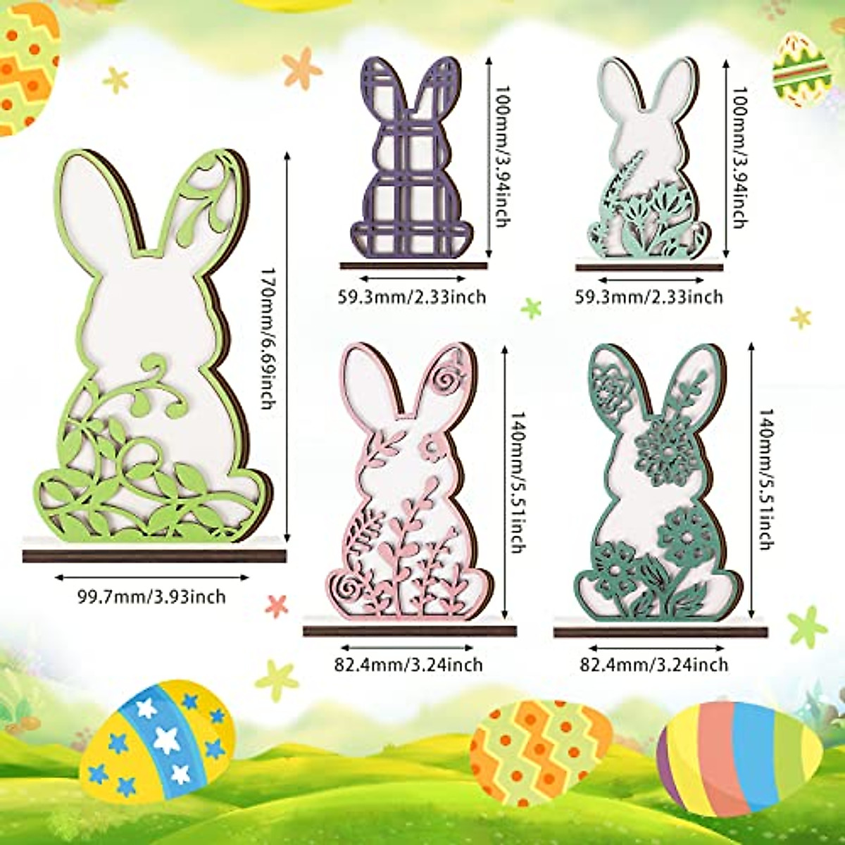 5 Pieces Easter Decor Wooden Signs Decor Easter Wood Bunny Decorations Tiered Tray Decoration Rabbit Shape for Kids Easter Party Dining Room Office Home Table Desk Supplies (Vivid Style)