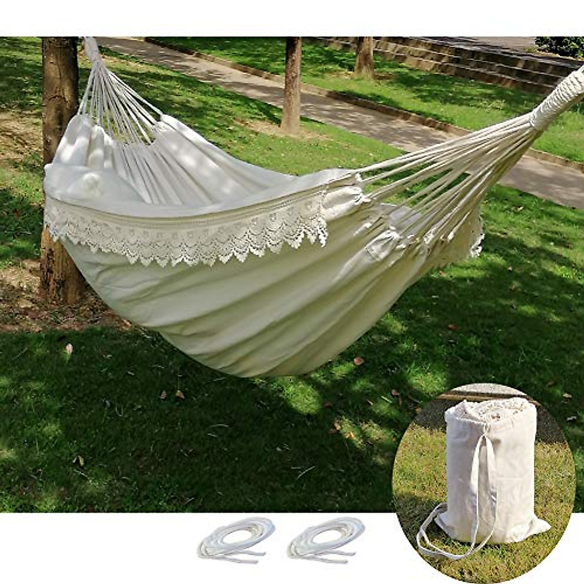 Brazilian Double Hammock, Boho Large Fringe Swing Bed - Portable 2 Person Hammock for Patio, Porch, Backyard, Outdoor and Indoor with Carrying Bag, Tree Hammock - Soft Cotton Fabric(White)