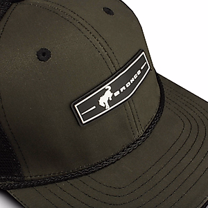 Ford Bronco Baseball Cap, Mesh Back Rubber Patch Trucker Hat, Dark Olive/Black