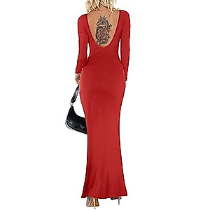 REORIA Womens Sexy V Backless Soft Lounge Long Dress Fall Wedding Guest Casual Going Out Boat Neck Long Sleeve Ribbed Bodycon Maxi Dresses Red Small