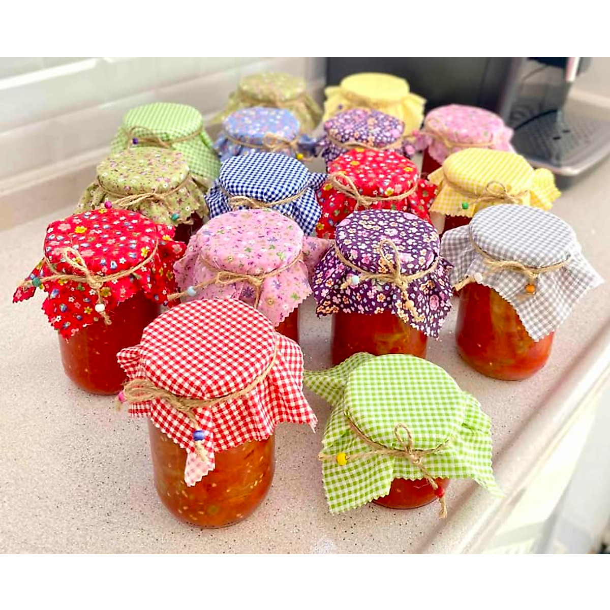 50 Pieces% 100 Cotton Flowered and Checkered Mix Pattern Fabric Jar Cover Cloth- 6.7'' Jar Cover Cloth With 50 Pieces Beaded Jute Rope