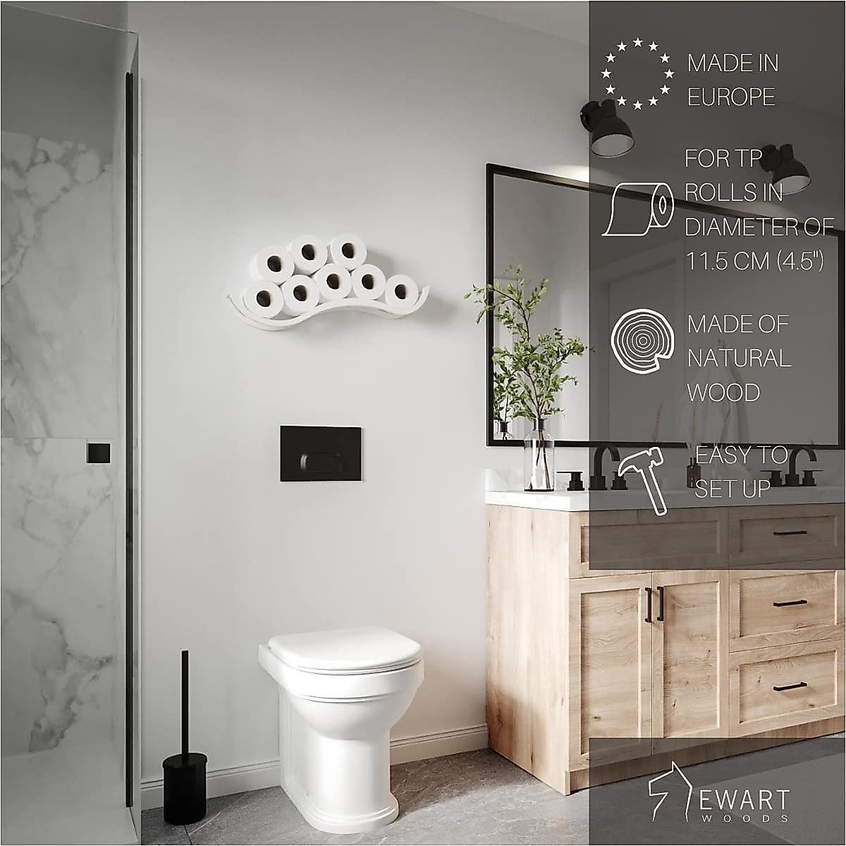 Cloud Wooden Wall Mounted Toilet Roll Holder, Black Loo Paper Storage Shelf, Floating Bathroom Organizer, Stylish Wood Tissue Rack for Wall Hanging Wave(White)