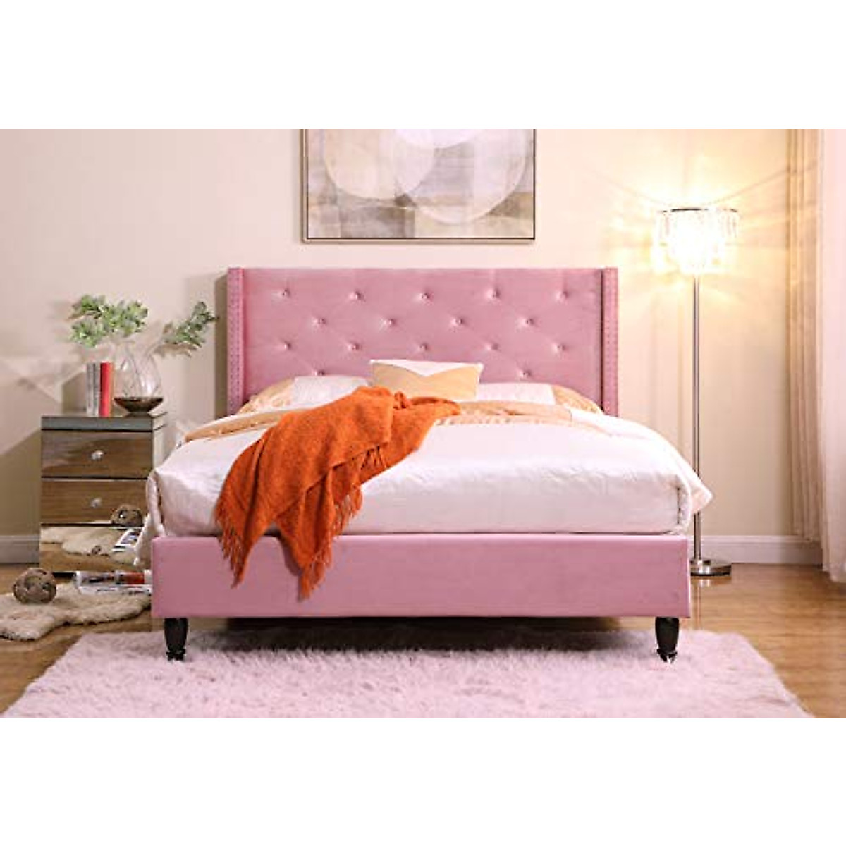 Oliver & Smith Astor - Upholstered 51" Tall Headboard Tufted Suede Velour Platform Bed/Mattress Foundation/Wood Slat Support/No Box Spring Needed/Easy Assembly/Pink/Full