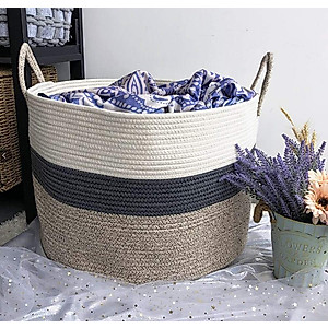 Extra Large Cotton Rope Basket Woven Basket Storage Baby Laundry Hamper with Handles for Nursery Laundry, Clothes, Toys, Blanket, Magazines, Towels, Home Organize Container 21.7" x 21.7" x 13.8"