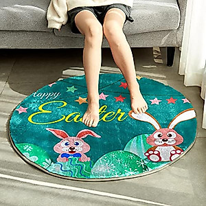 Ultra Soft Faux Fur Area Rugs Faux Rabbit Fur Round Rug, Living Room Rugs for Bedroom, Dining Room, Living Room, Easter Cartoon Bunny Eggs