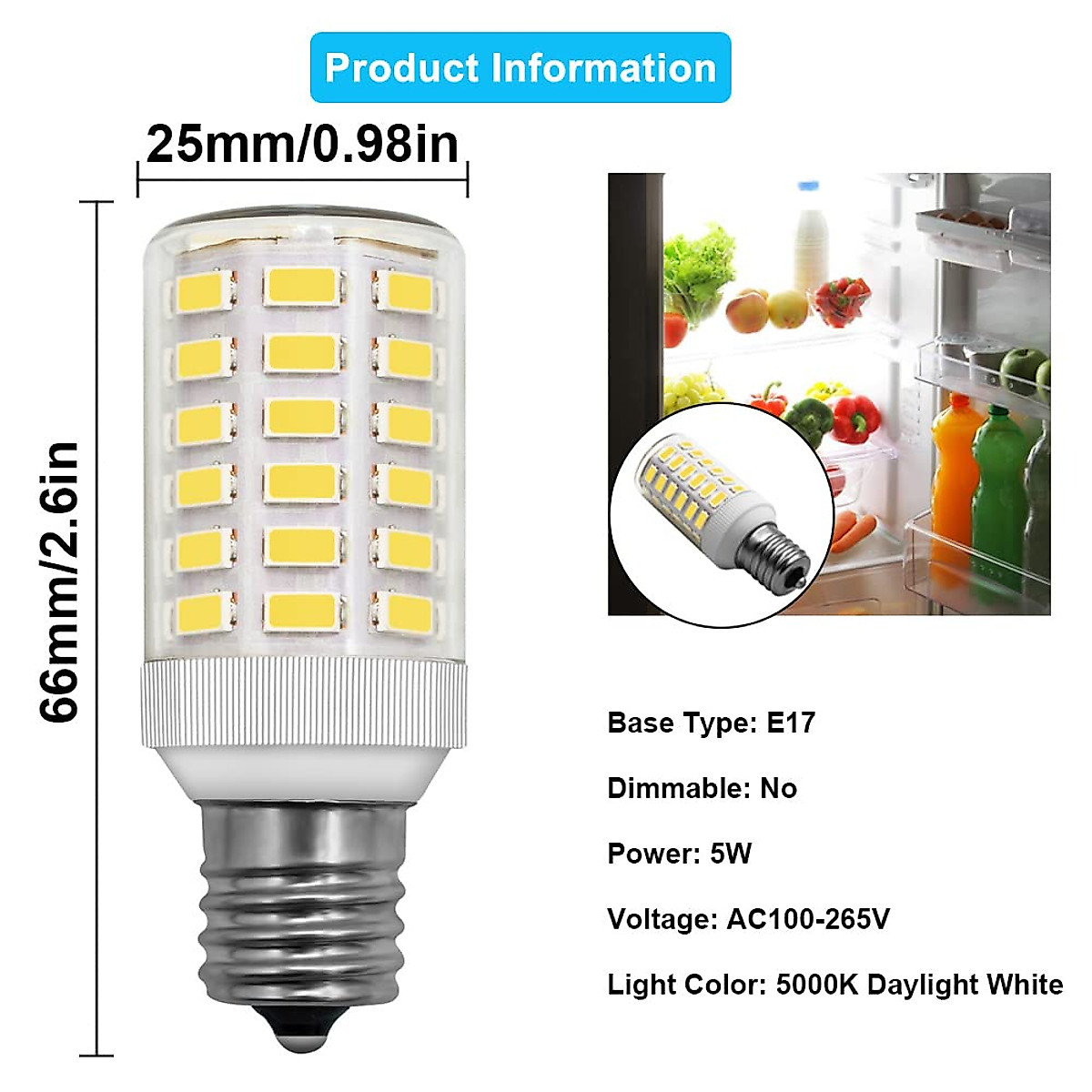 Frigidaire Freezer Light Bulb Replacement E17 Intermediate Base Compatible with Kenmore Refrigerator Replace 5304517886 KEI D28A KEL2811 KEI D28M Daylight White 5W Compact Bright Lighting, 2 Pack