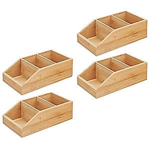 mDesign Bamboo Wood Compact Bathroom Storage Organizer Bin Box - 3 Divided Sections - Cabinets, Shelves, Countertops, Bedroom, Kitchen, Laundry Room, Closet, Garage, 4 Pack - Natural/Tan