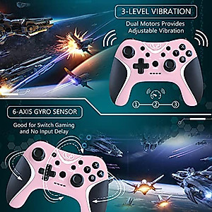 BRHE Wireless Switch Controllers Pink,Nintendo Switch Controller for Nintendo Switch/Lite/OLED/Windows PC with Programmable/Vibration/Turbo Funtion,Switch Pro Controller Gamepad with 2 Thumb Caps