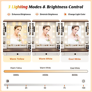 Farmhouse Makeup Vanity with Mirror and Lights,43" Wide Vanity Desk with Power Strip,Vanity Table with 4 Drawers and Cabinets,3 Color Modes & Adjustable Brightness, Makeup Table for Bedroom