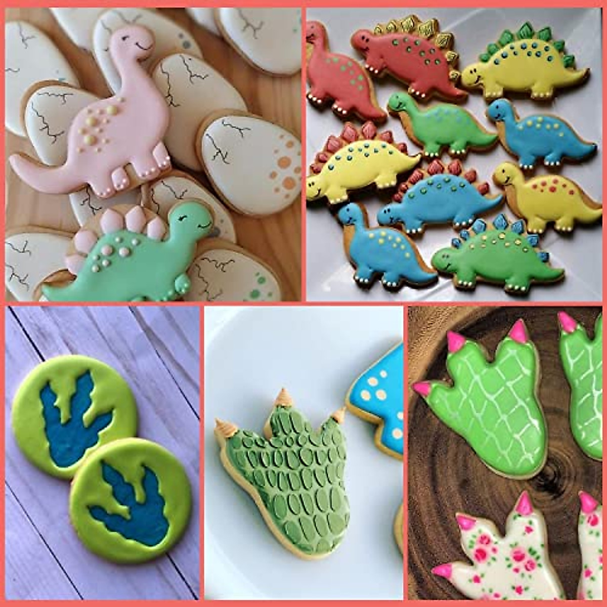 KAISHANE Dinosaur Cookie Cutters Set, 5 PCS Dinosaur Biscut Cutters Set Stainless Steel with Soft PVC Edge for Baking Fondant Cake Molds