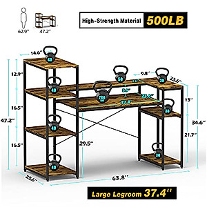 Computer Desk with 4-Tier Storage Shelves, 63 Inches Large Industrial Office Desk with Monitor Shelf and CPU Stand, Study Writing Table Workstation with Printer Stand for Home Office, Rustic Brown