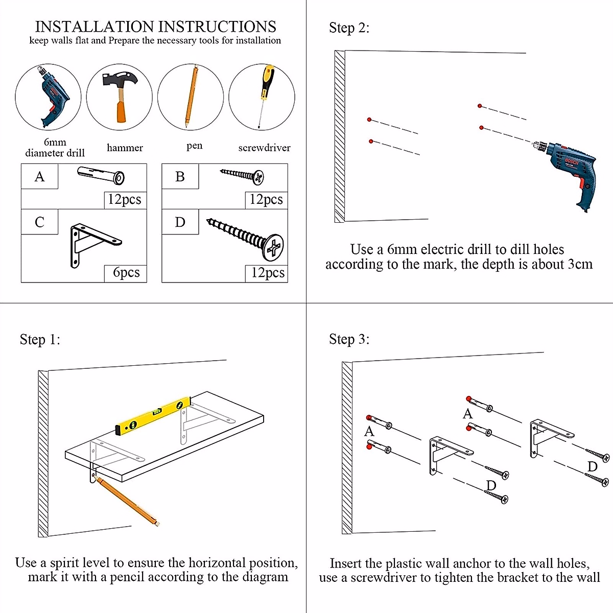 HAENJA Stainless Steel Triangle Bracket Wall Mount Shelf Separator Support Layer Support Bracket Bracket Fixing(6 Pcs) Storage