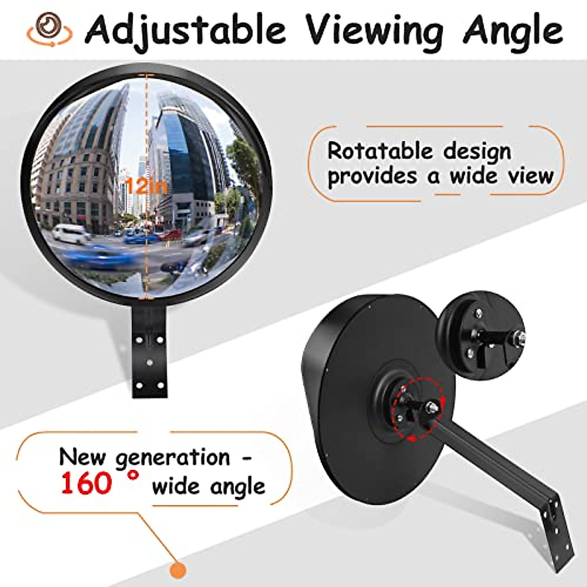 Arcylic Convex Mirror 𝟭𝟮" 𝗦𝗲𝗰𝘂𝗿𝗶𝘁𝘆 𝗠𝗶𝗿𝗿𝗼𝗿, Adjustable Fixing Bracket Wide Angle Clear View For Indoor Outdoor Driveway Parking Garage Warehouse Office By Hydencamm (12 inch)