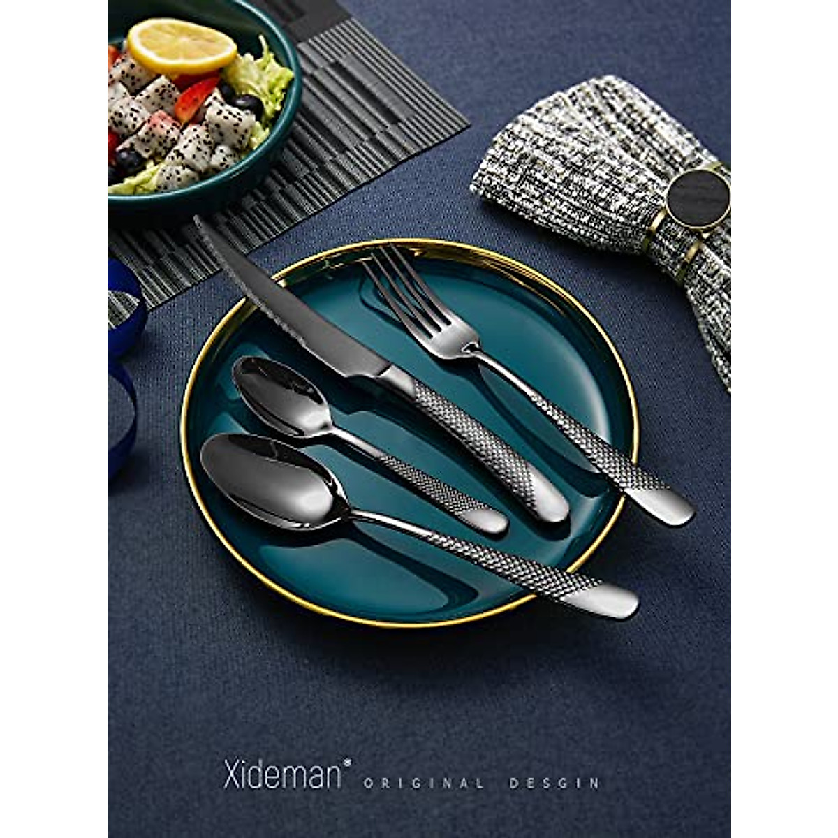 Xideman 16-Piece ​Modern Black Hammered Silverware Set with Ultra Sharp 2-IN-1 Serrated Knive, 18/10 Stainless Steel Flatware Set, Titanium ​Plated Cutlery Set Service for 4, Reusable, Dishwasher Safe