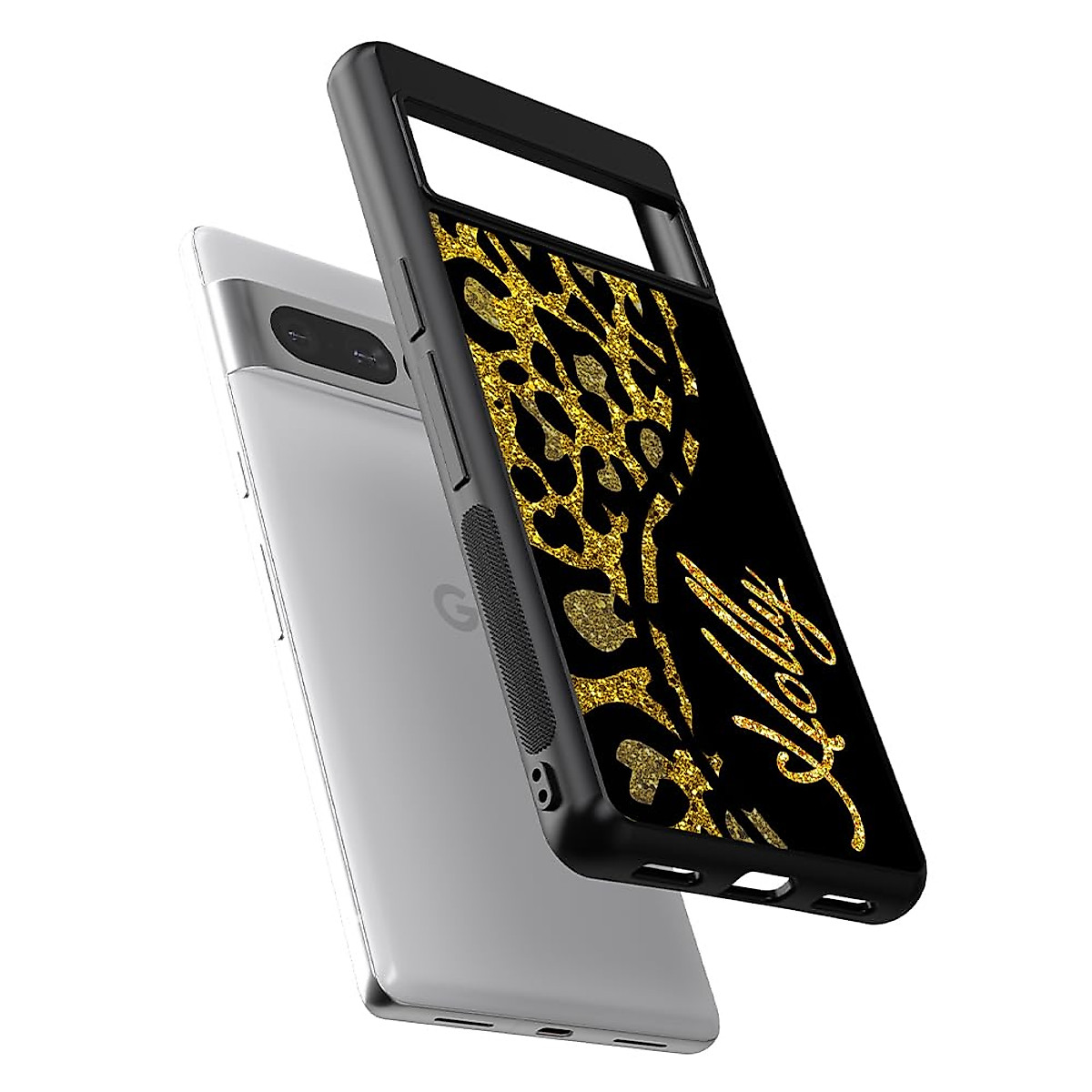 Leopard Skin Gold Personalized Black Rubber Phone Case Compatible With Google Pixel 8 Pro, 8a, 8, 7a, 7, Pixel 7 Pro, 6a, Pixel 6 Pro, 6, 5, 4a 5G, 4a 4G, 4, 4 XL, 3a, 3a XL, 3, 3 XL, 2