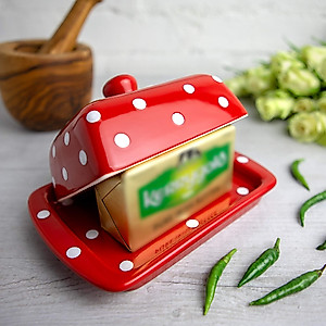 Handmade Ceramic European Covered Butter Dish With Lid | Unique Red and White Polka Dot Pottery Butter Keeper | Housewarming Gift by City to Cottage®