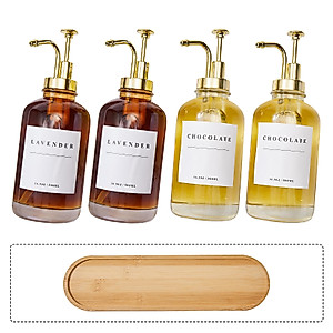 HSIOHE Coffee Syrup Dispenser for Coffee Bar,4 Pack Syrup Dispenser 16.9 oz 500 ml, Glass Syrup Bottle with Gold Upgraded Pump, Coffee Syrup Pump Dispenser, 28 Labels and Large Bamboo Tray