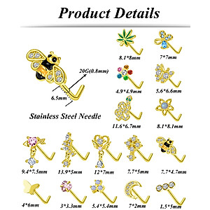 Tornito 16Pcs Nose Stud Ring L Shaped Nose Ring Heart Moon Bee Snake Leaf CZ Nose Studs Body Piercing Jewelry for Women Men 20G Gold Tone