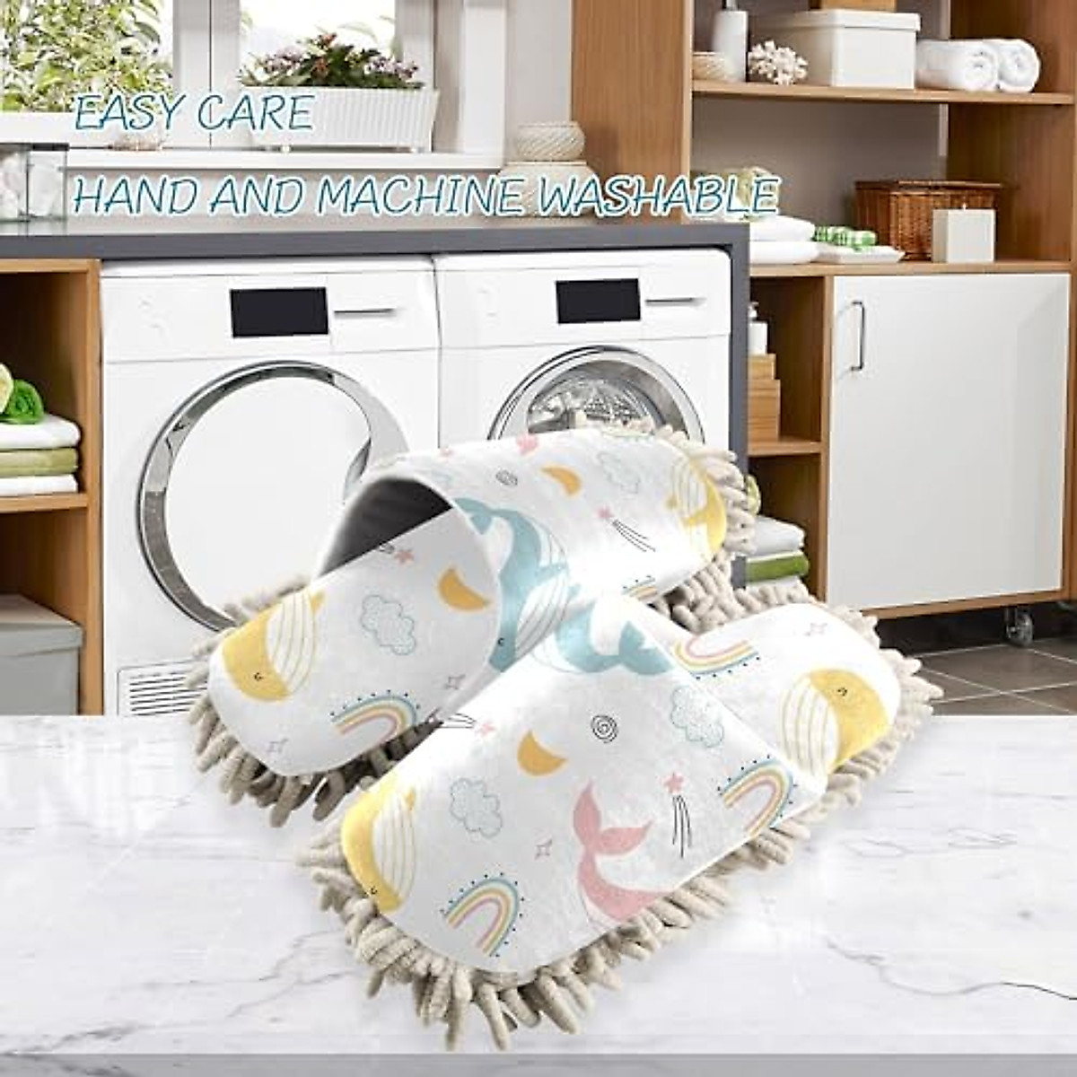 FLildon Microfiber Cleaning Slippers Cartoon Rainbow Whale Washable Mop Shoes Slipper for Men/Women House Floor Dust Cleaner, Size L