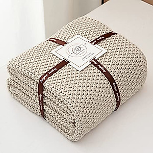 Longhui bedding Chunky Cable Knit Throw Blanket Lightweight Beige 100% Organic Cotton Blanket for Sofa Couch Bed Baby Nursery, Rustic Shabby Chic Modern Farmhouse, 51” x 63” Give Laundering Bag