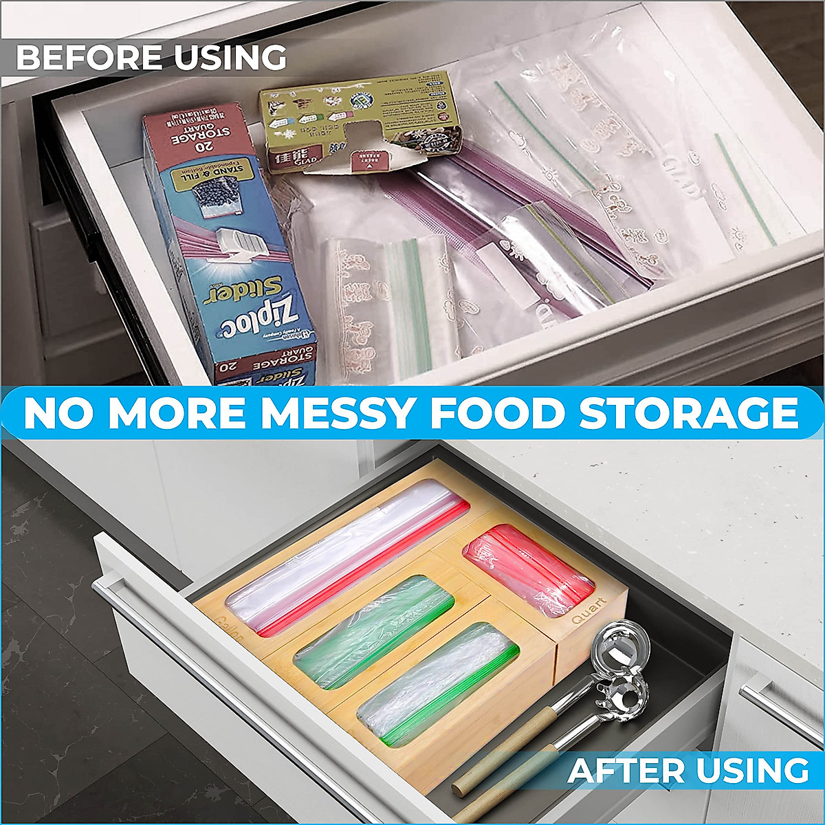 VerveMade Bamboo ziplock bag storage organizer - Premium kitchen drawer organizer- wooden baggie holder with larger quart size - Compatible with Gallon, quart, sandwich, and snack baggies.