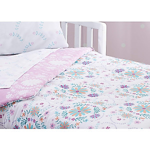 Delta Children Toddler Bedding Set | Girls 4 Piece Collection | Fitted Sheet, Flat Top Sheet w/Elastic Bottom, Fitted Comforter w/Elastic Bottom, Pillowcase, Bohemian | Pink/Multi