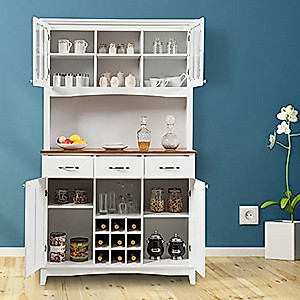 LOKO Kitchen Hutch Storage Cabinet, Sideboard Buffet Kitchen Cupboard with 4 Doors, 3 Drawers, 5 Adjustable Shelves and 9 Wine Grids, 44 x 17 x 72.5 inches (White)