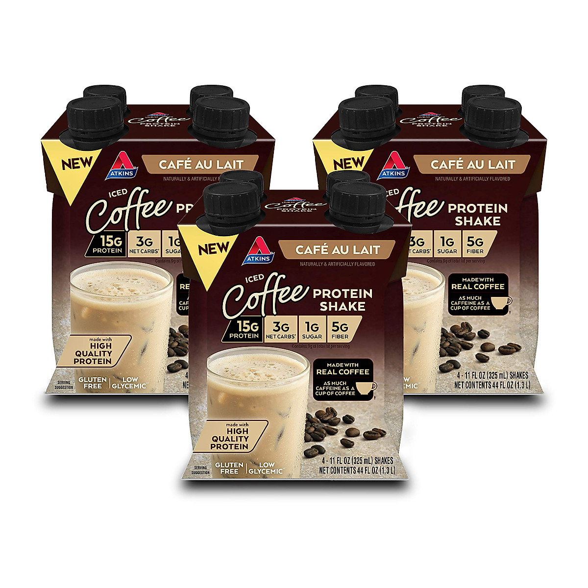 Atkins Café au Lait Iced Coffee Protein Shake, 15g Protein, Low Glycemic, 3g Net Carb, 1g Sugar, Keto Friendly, 12 Count