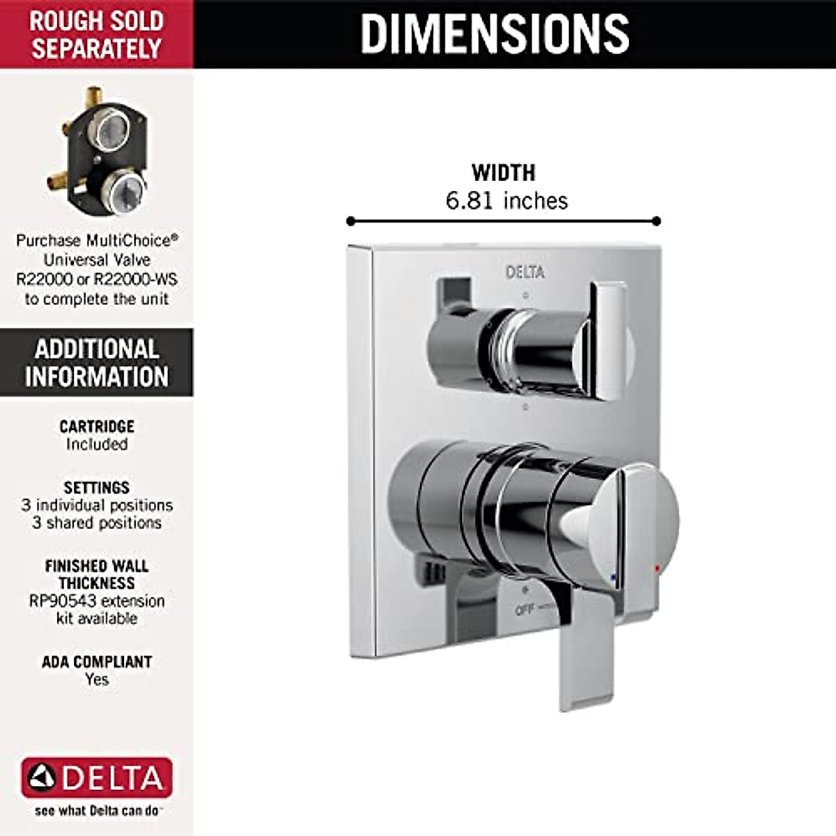 Delta Faucet Modern 6-Setting Integrated Shower Diverter Trim Kit for Delta Shower Systems, Chrome T27967 (Valve Not Included)