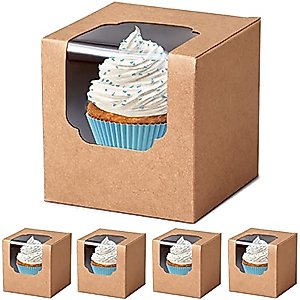 Shallive Kraft Cupcake Boxes Individual 60 Pcs with Inserts, Cocoa Bomb Packaing Single Brown Cupcake Containers Paper 3.5" Holders for Cookies, Pastries,Wedding Baby Shower Birthday Graduation