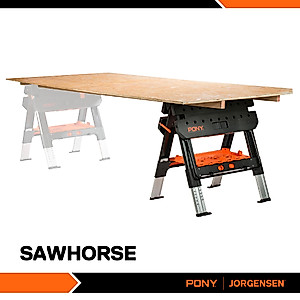 Pony Portable Folding Work Table, 2-in-1 as Sawhorse & Workbench, 31” W×25” D×25”-35”H, Large Load Capacity with 4pcs Clamps, 4pcs Bench Dogs