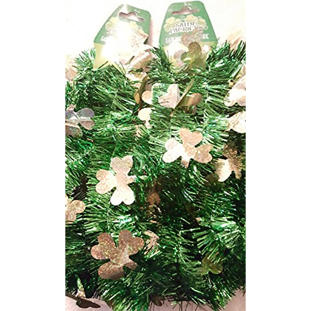 2 St. Patrick’s Green Tinsel 9-Ft Garlands with GOLD Shamrocks, Total 18 Ft