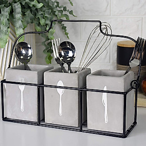 MADECO Kitchen Utensil Holder Set 3 Pieces Cement Utensil Crocks & 1 Portable Wire Caddy - Embossed Design-Organize Your Flatware & Silverware with Ease (Square)