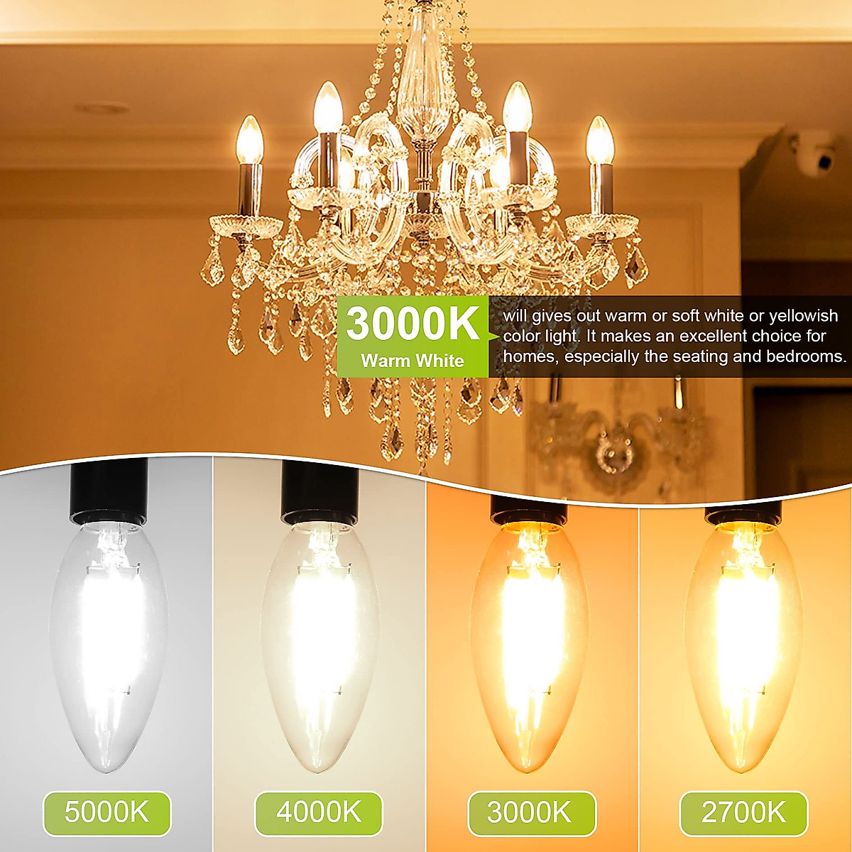 GOLSPARK Candelabra LED Bulbs Filament Dimmable Vintage Edison Light Bulb Chandelier,Warm White 3000K,40 Watt Equivalent,400 Lumen,E12 Base,6 Pack