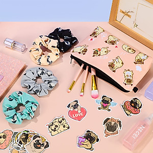 8 Pieces Pug Dog Hair Scrunchies with Funny Pug Dogs Makeup Bag and 50 Pieces Kawaii Pug Dog Stickers, Cotton Rounds Elastic Hair Bands Girls Hair Accessories and Cosmetic Bags Organizer for Girls