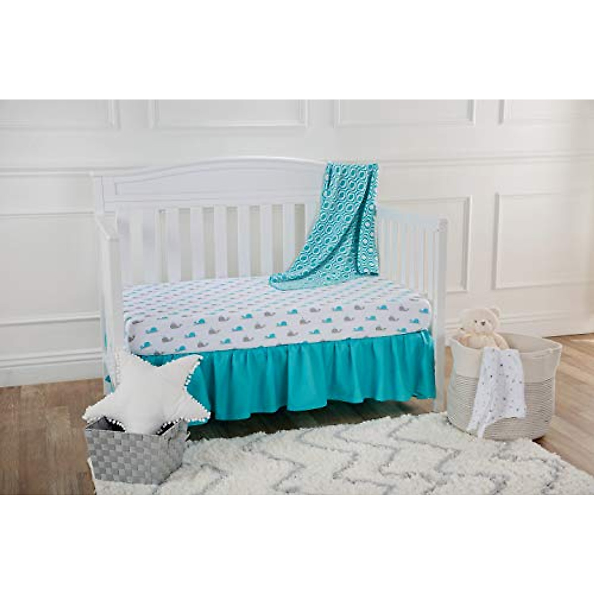 American Baby Company Fitted Crib Sheet 28" x 52", Soft Breathable Neutral 100% Cotton Jersey Sheet, Aqua Whales, for Boys and Girls, Fits Crib and Toddler Bed mattresses