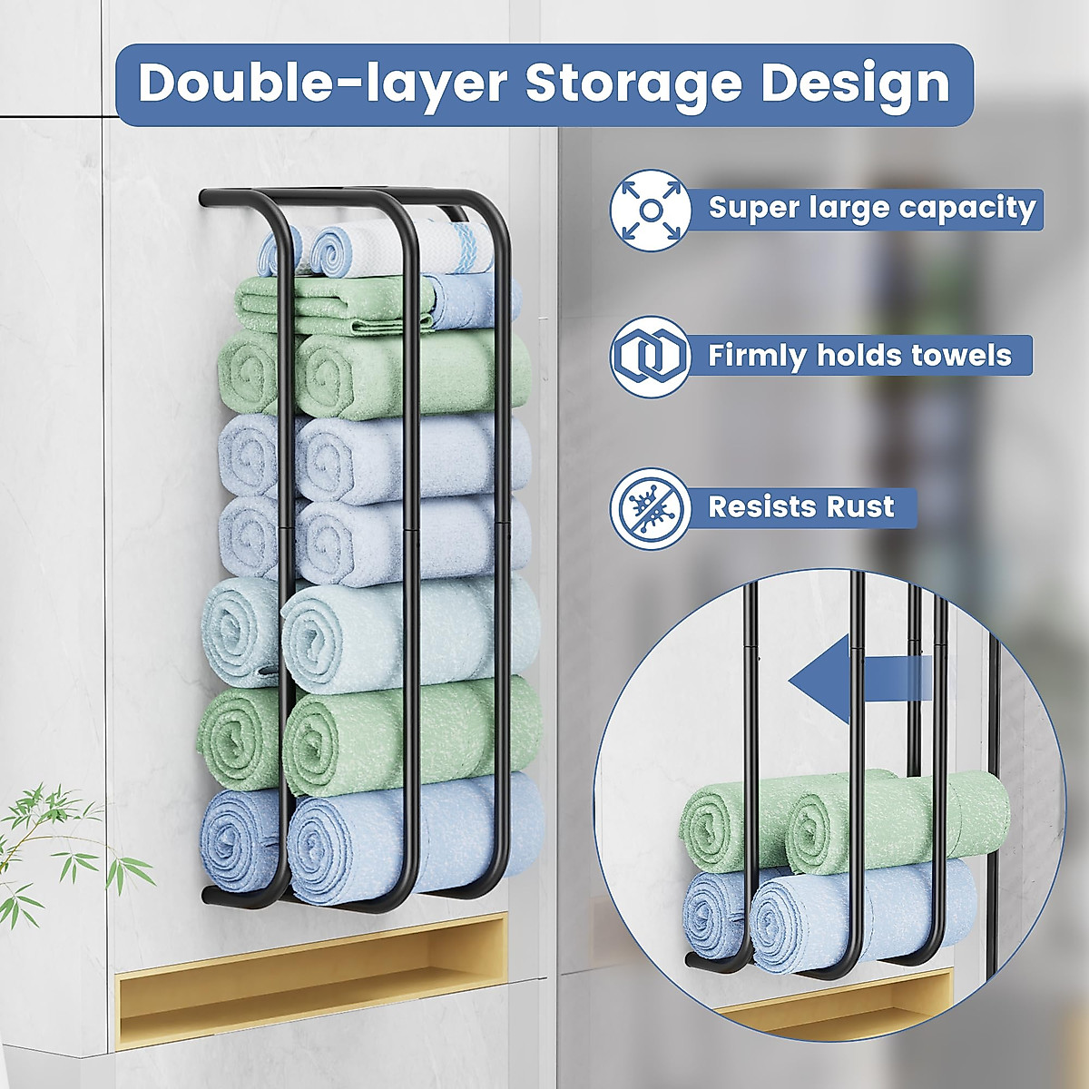 BasicForm Towel Racks for Bathroom, Towel Holder for Double-Layer Storgae, Rolled Towel Rack Wall Mounted, Bath Towels Organizer for Small Bathroom Apartment Dorm Rooms, Sturdy Metal, Black
