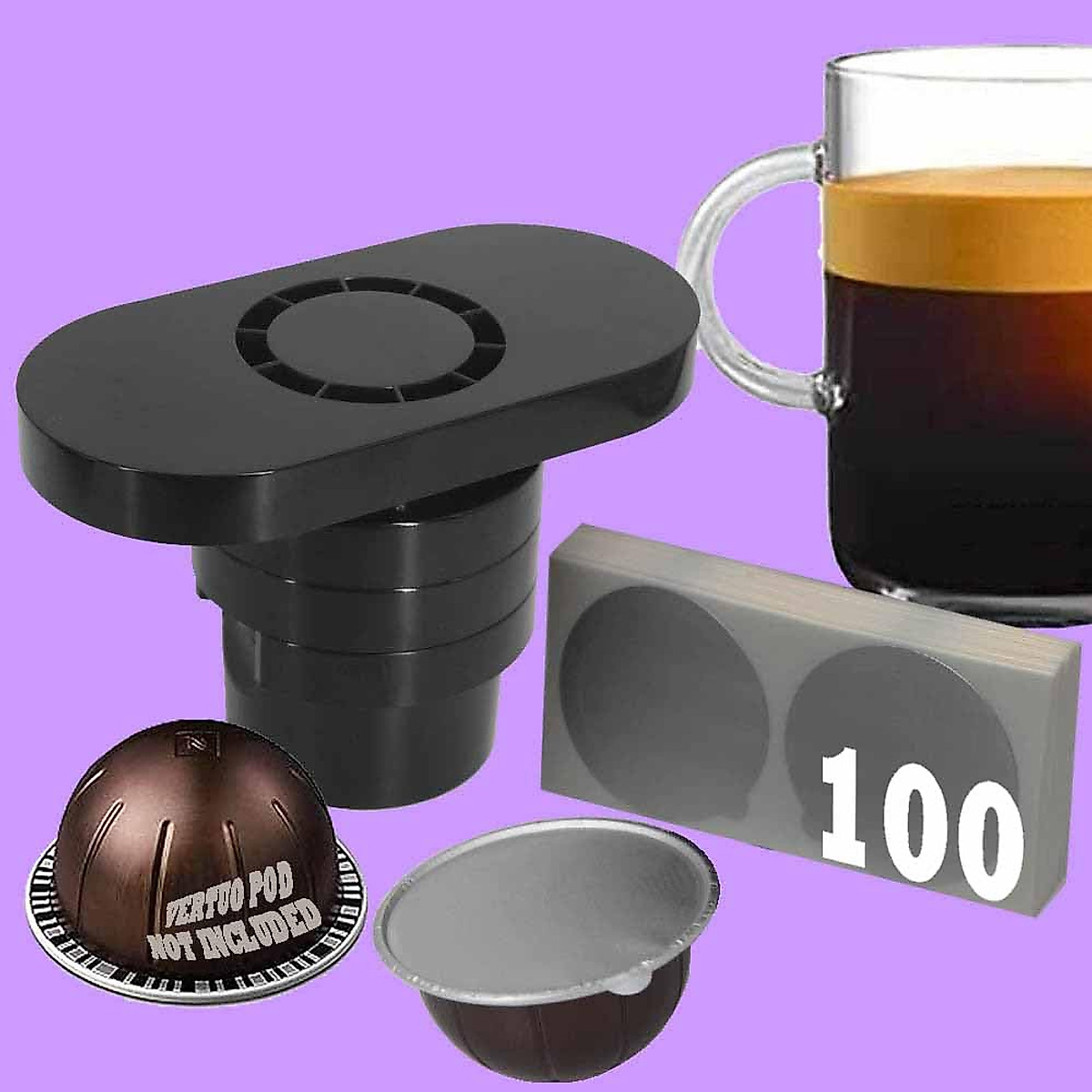 Reusable Vertuo Pods Tool Kit + 100 PCS Aluminum Foil Stickers for Refilling Nespresso Vertuo Pods 60mm in Diameter (Matte Black 2024 Deluxe Version, Tool Kit + 100 PCS Foil Stickers 60mm in Dia.)