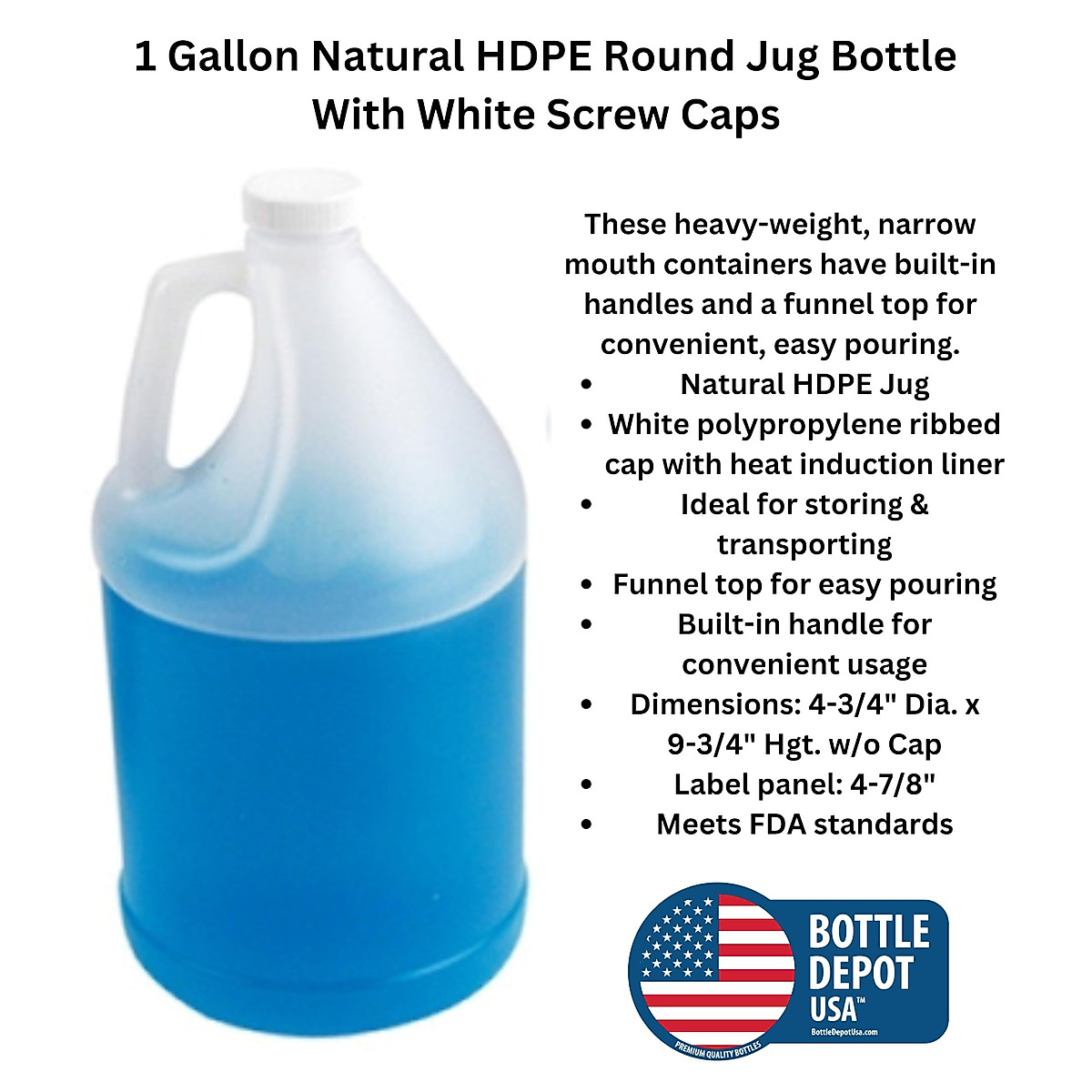 BOTTLE DEPOT USA 4 PACK 1-Gallon Empty Plastic Jugs, Reusable With Shipping Box, Food-Safe, BPA Free | Heavy-Duty HDPE | With White Tamper Evident Screw Caps