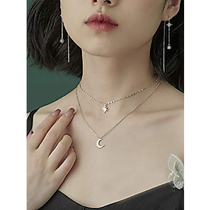 SLUYNZ 925 Sterling Silver Layered Necklace Chain Star Moon Choker Necklace for Women Teen Girls Layering Chain Choker (A-Silver)