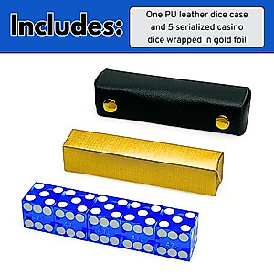 Luck Lab Grade AAA 19mm Casino Dice with Razor Edges and Matching Serial Numbers Set of 5 and Leather Dice Case, Blue