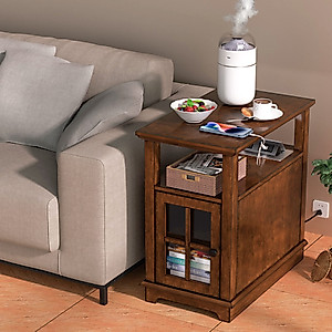 HIFYOBRO End Table with Hidden Charging Station, Narrow Side Table with Storage, Nightstand for Small Spaces with USB Ports & Power Outlets Bedside Table-Cherry
