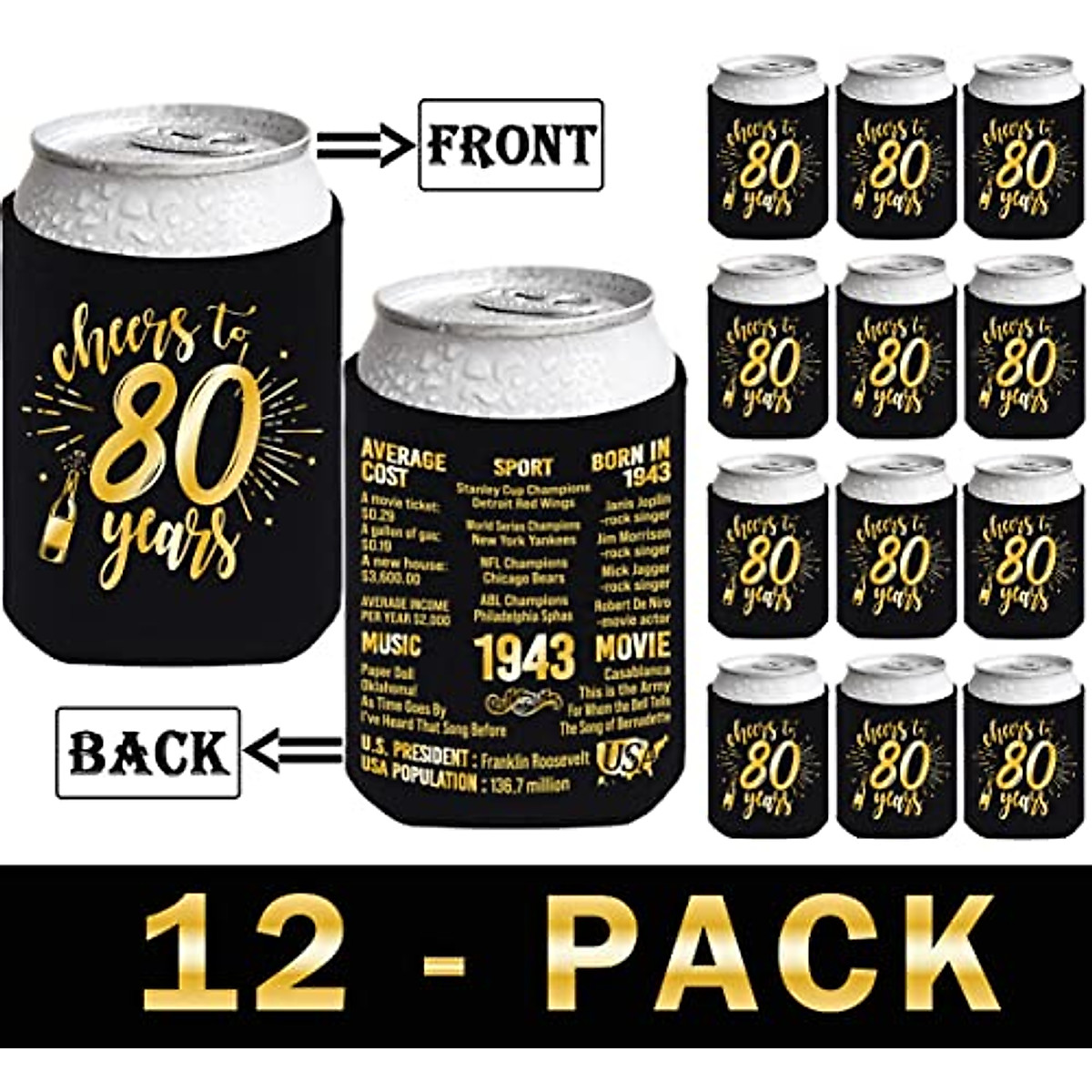 Henghere 80th Birthday Decorations for Men Women, 80th Birthday Party Supplies, Vintage - Eighty Birthday Party Beverage Can Cooler Sleeves, 12-Pack (Black & Gold)