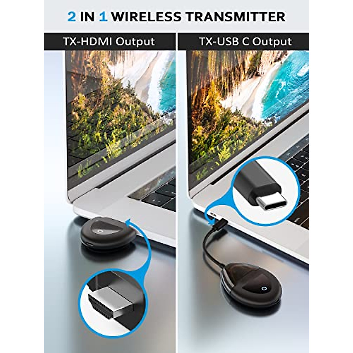 Wireless HDMI Transmitter and Receiver 4K, USB C & HDMI Dual Transmit Ports, HDMI & VGA Dual Screens, 2.4/5G Streaming Smooth Video/Audio Extender 165FT/50M for Mac, Cable Box,Phone, Laptop,Blu-ray