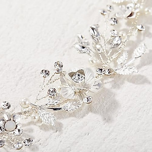 SWEETV Flower-Leaf Bridal Headpieces for Wedding Hair Band for Brides Headband Rhinestone Wedding Headband Silver Flower Girl Bridesmaid Hair Vine